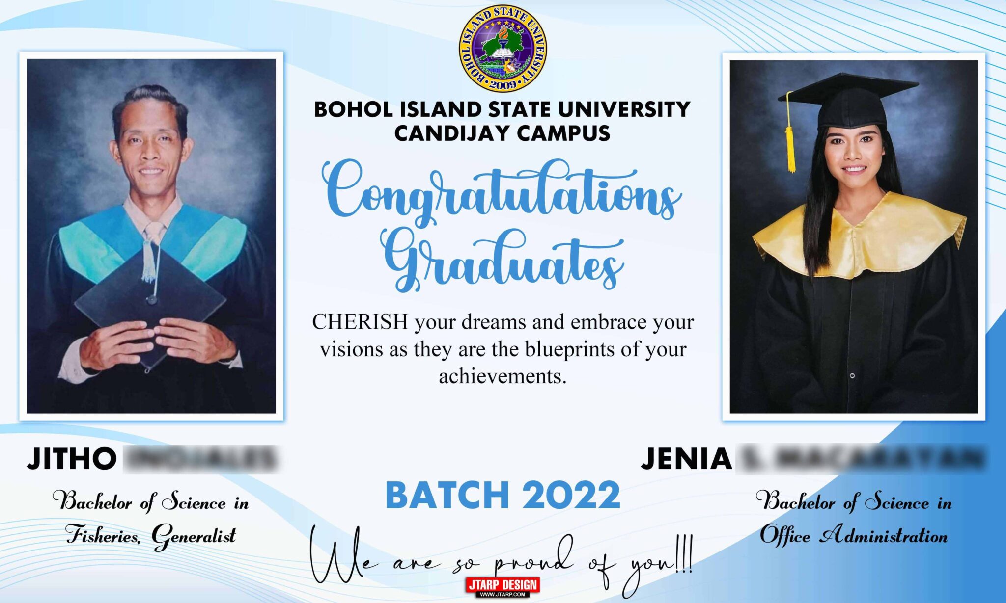 Congratulations Jitho and Jenia: Light BLue Graduation Tarp Design ...