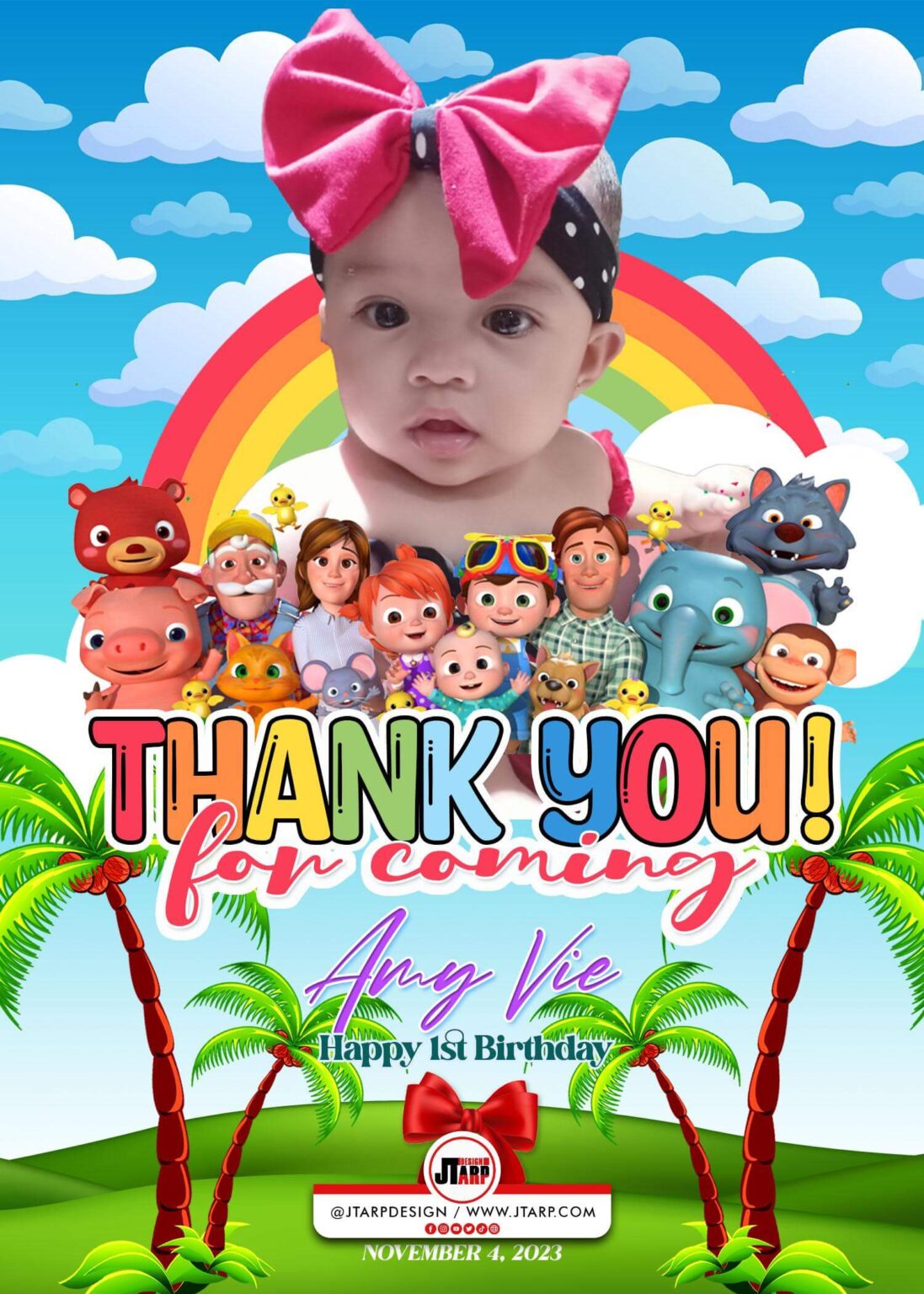 Happy First Birthday Amy Vie Cocomelon Thank You Card Design Design ...