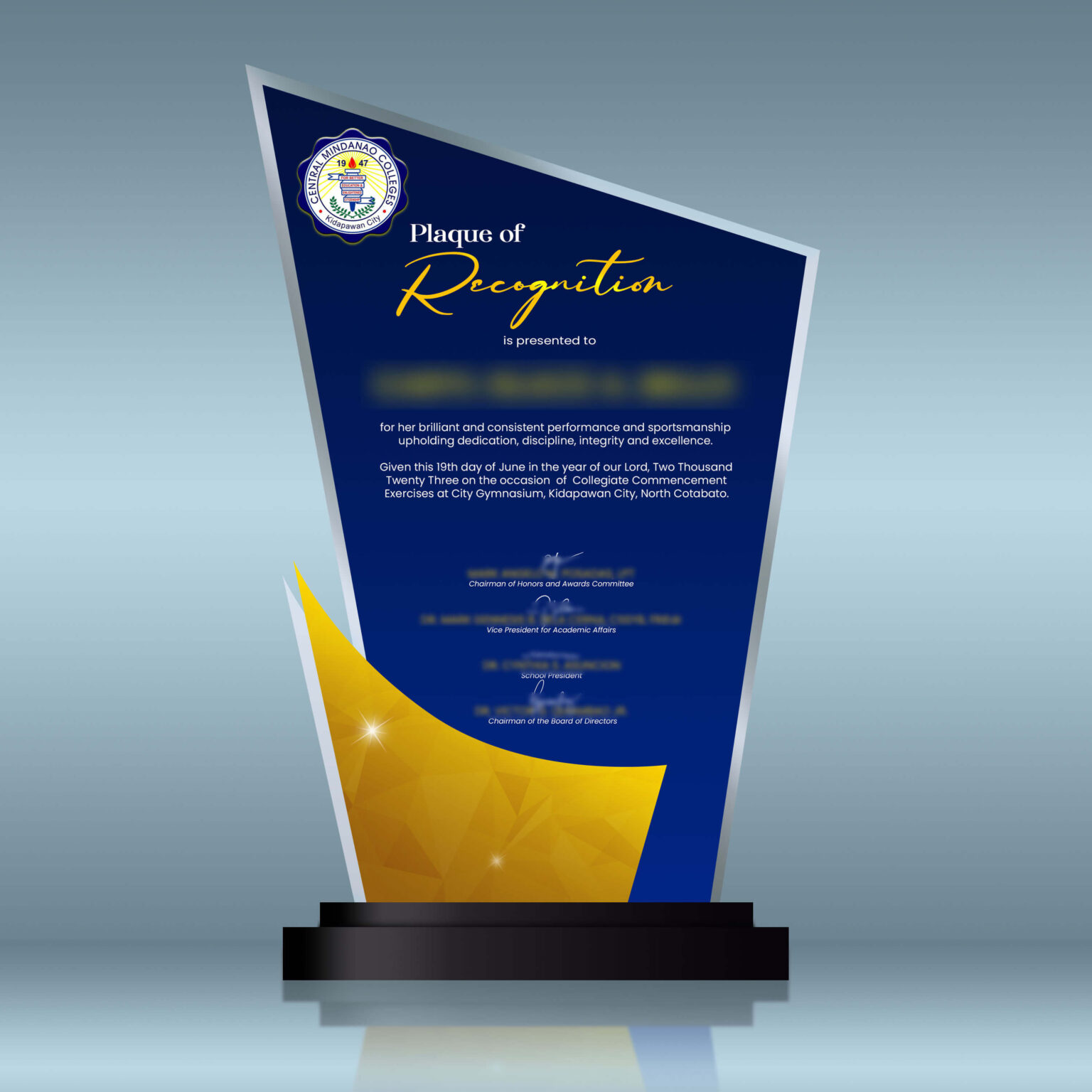 Central Mindanao College Commencement Blue Gold Plaque Design – Plaque ...